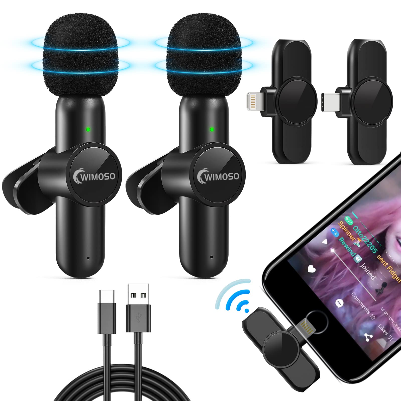 WIMOSO Mic, Wireless Lavalier Microphone for iPhone iPad Android, (2 Mics with 2 Receivers), Plug-Play Wireless Clip Mic for Facebook, YouTube, Vlog, TikTok ect Video Recording, and Noise Reduction