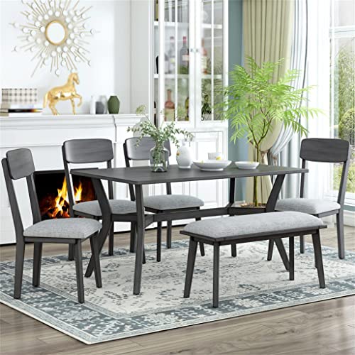 MJWDP 6 Piece Dining Set Medieval Style Wooden Dining Table and Fabric Chairs with Bench Grey + Beige