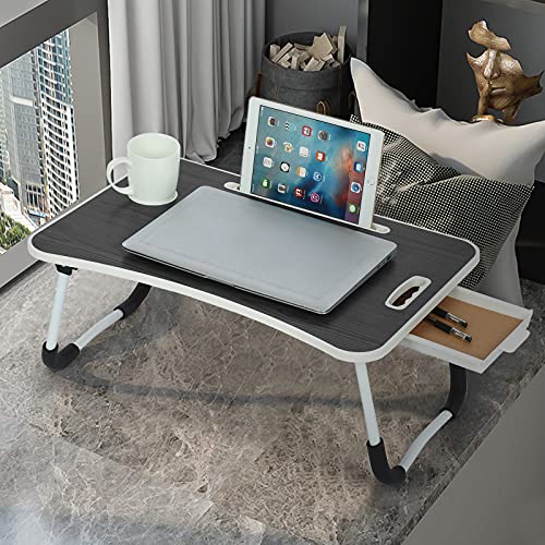 Micozy Bed Desk Laptop Table with Drawer Cup Holder Stand Groove Handle, 23.6 Inch Portable Lightweight Bed Table Tray Lap Desk for Working, Studying, Eating, Blue/Black Desk