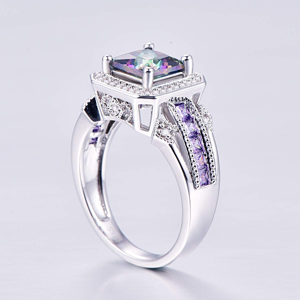 Momius 925 Silver Created-Rainbow Topaz Princess Cut CZ Halo Triple Row Wedding Band Engagement Ring for Women Size 6¡