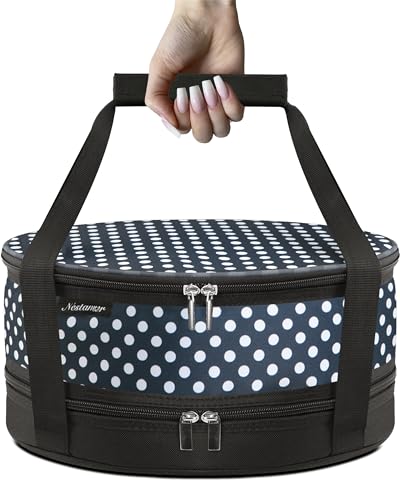 Premium Insulated Round Casserole Carrier & Insulated Pie Carrier (12.5" x 6") – Stylish Pie Carrier with Lid and Handle – Collapsible Cake Carrier, Cheesecake Carrier for transport [Navy Polka Dot]