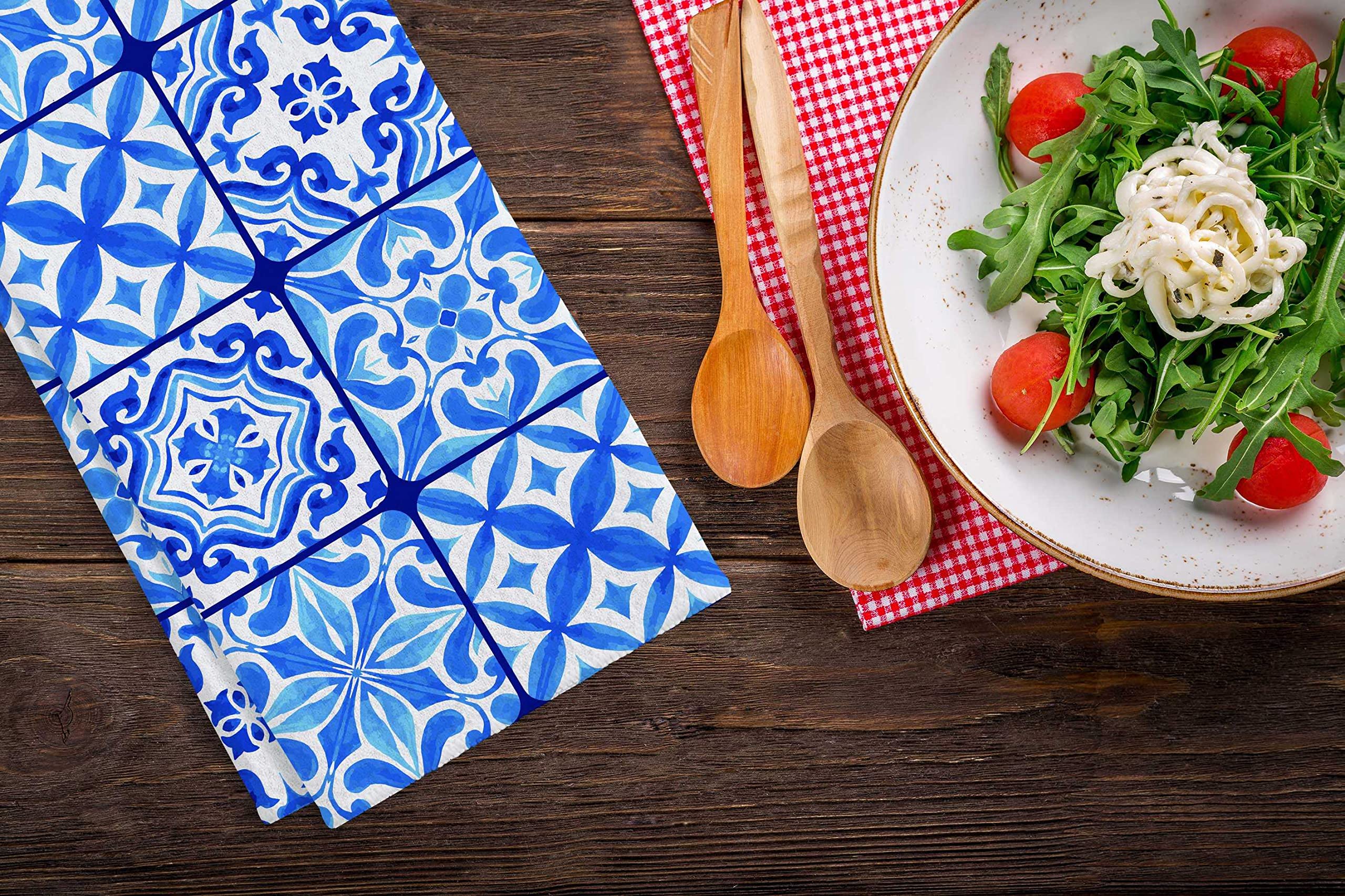 QIYUHOY Abstract Bohemian Navy Blue Moroccan Tile Kitchen Towels or Tea Towels, 16 X 24 Inches Cotton Modern Dish Towels Dishcloths, Dish Cloth Flour Sack Hand Towel for Farmhouse Kitchen Decor