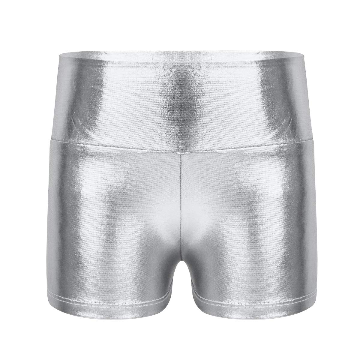 MSemis Kids Girls Stretch Metallic Booty Shorts for Gymnastics Dance Sports Bottoms Swimming Hot Pants High Waisted Silver 10