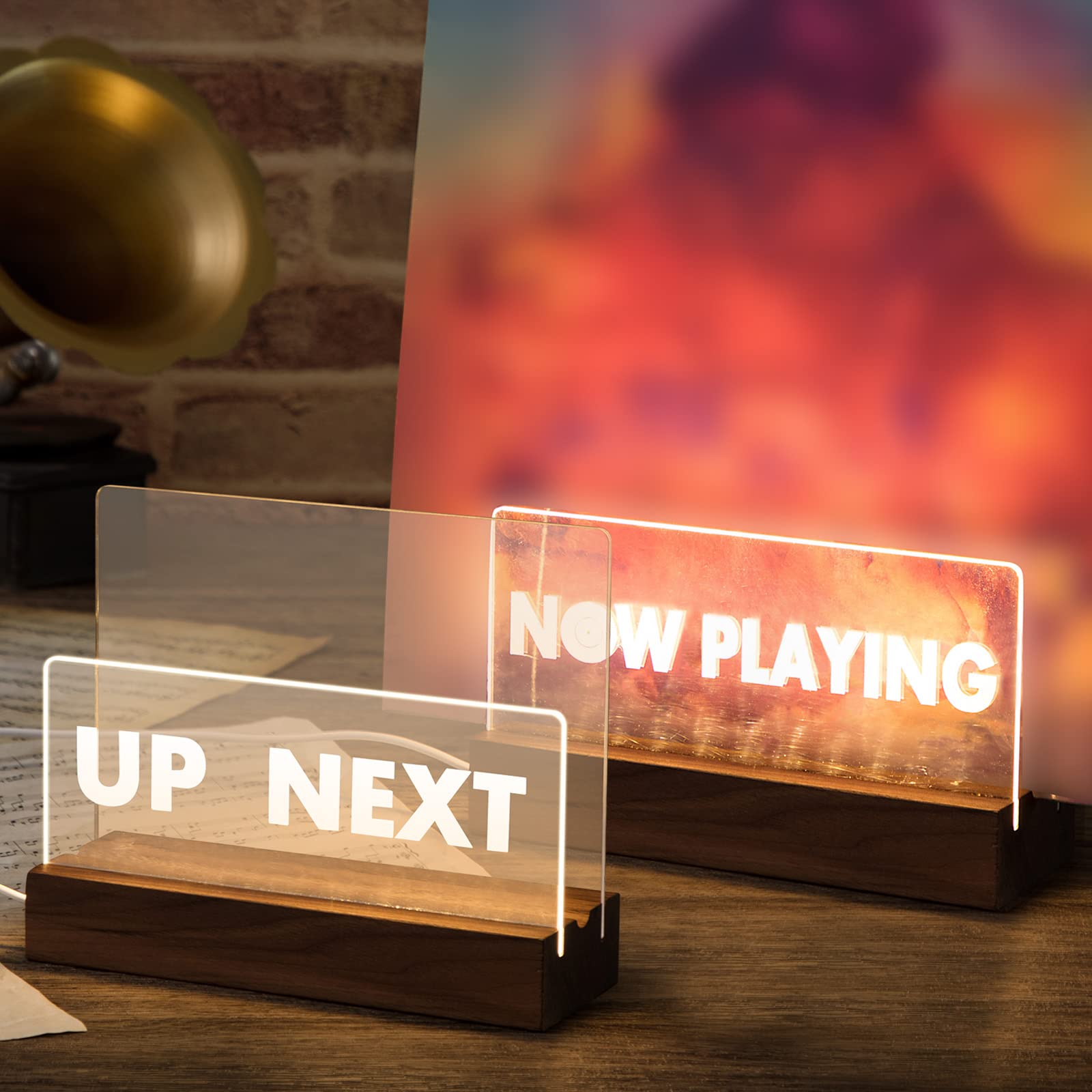 Marsui 2 Pieces Now Playing Vinyl Record Stand with LED Light Vinyl Record Holder up Next Record Display Stand Wooden Rack with Acrylic Panel Tabletop Record Stand Display for Vinyl Record