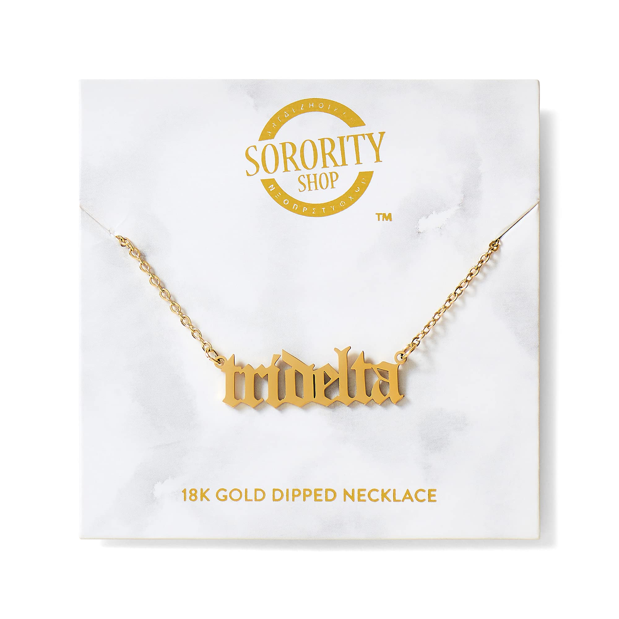 Sorority Shop Delta Delta Delta Necklace β DDD Old English Font Design, 18K Gold Plated, Tri Delta Gifts for Women