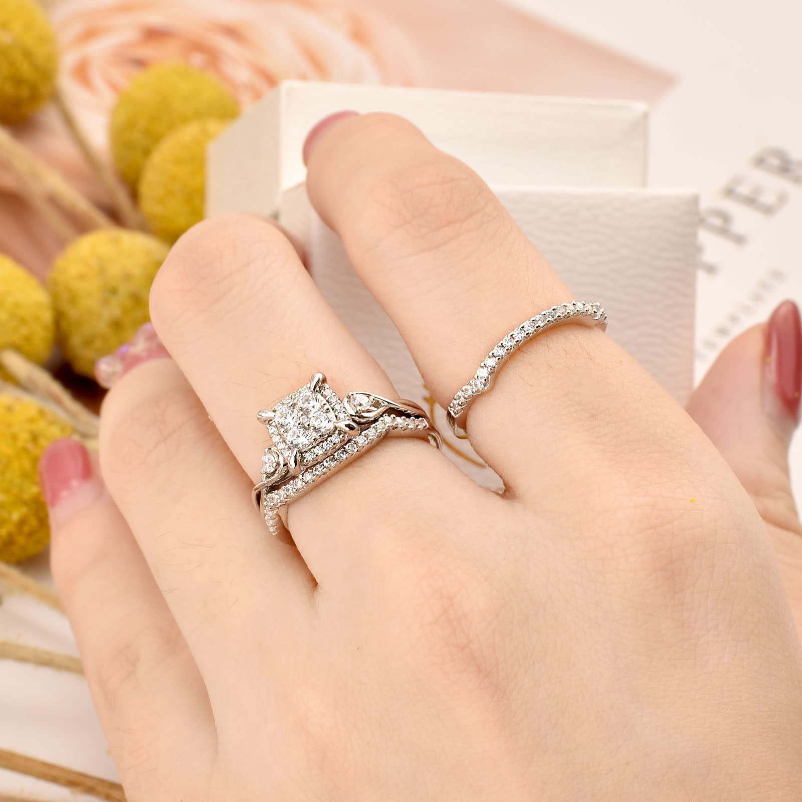 SHELOVES 3Pcs Round White Cubic Zirconia Princess Halo Wedding Ring Set Solid Sterling Silver Vintage Style Sz 9