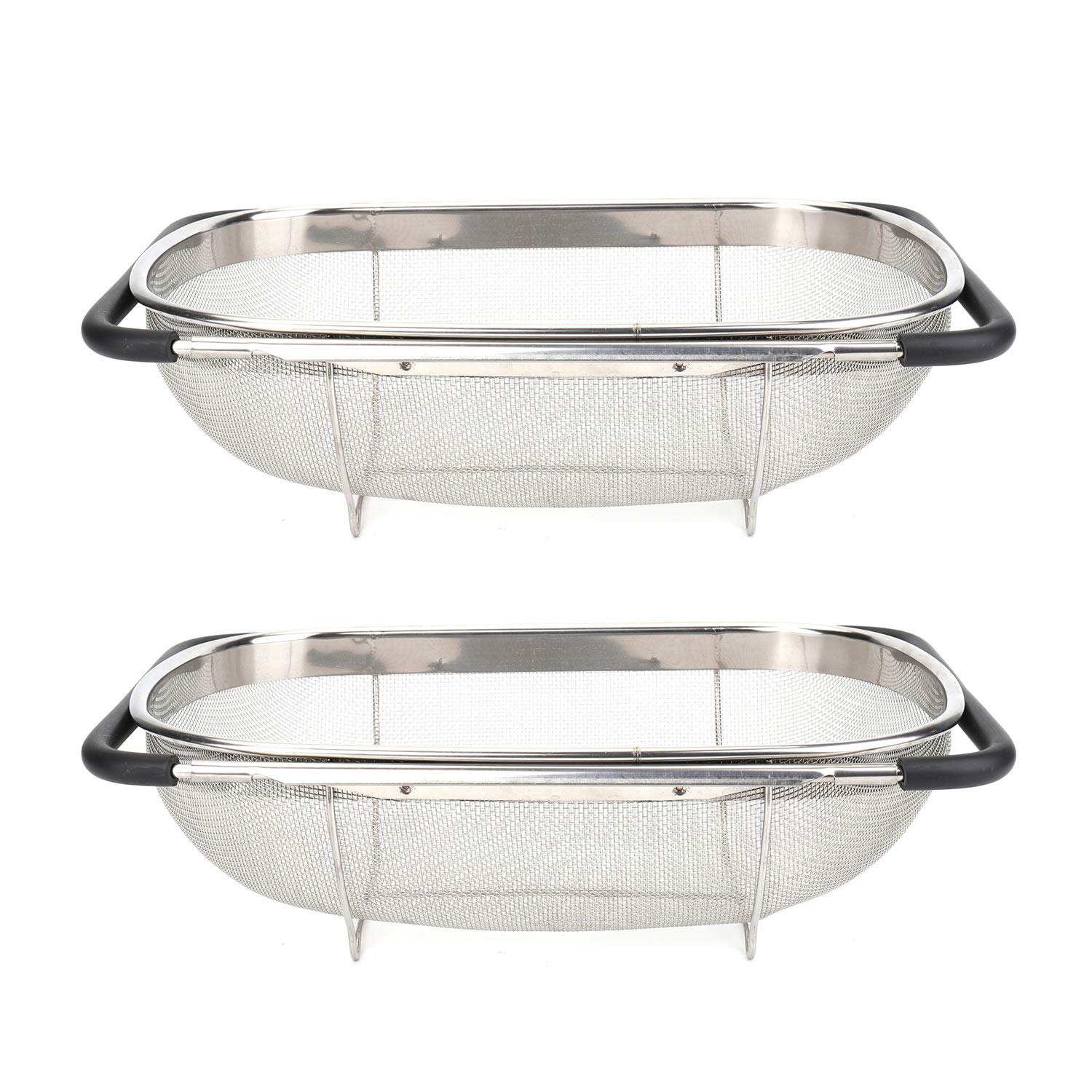 Suwimut 2 Pack Over the Sink Oval Colander for Kitchen, Stainless Steel Fine Mesh 6 Quart Strainer Basket with Expandable Rubber Grip Handles for Straining, Draining, Rinsing Fruits, Vegetables