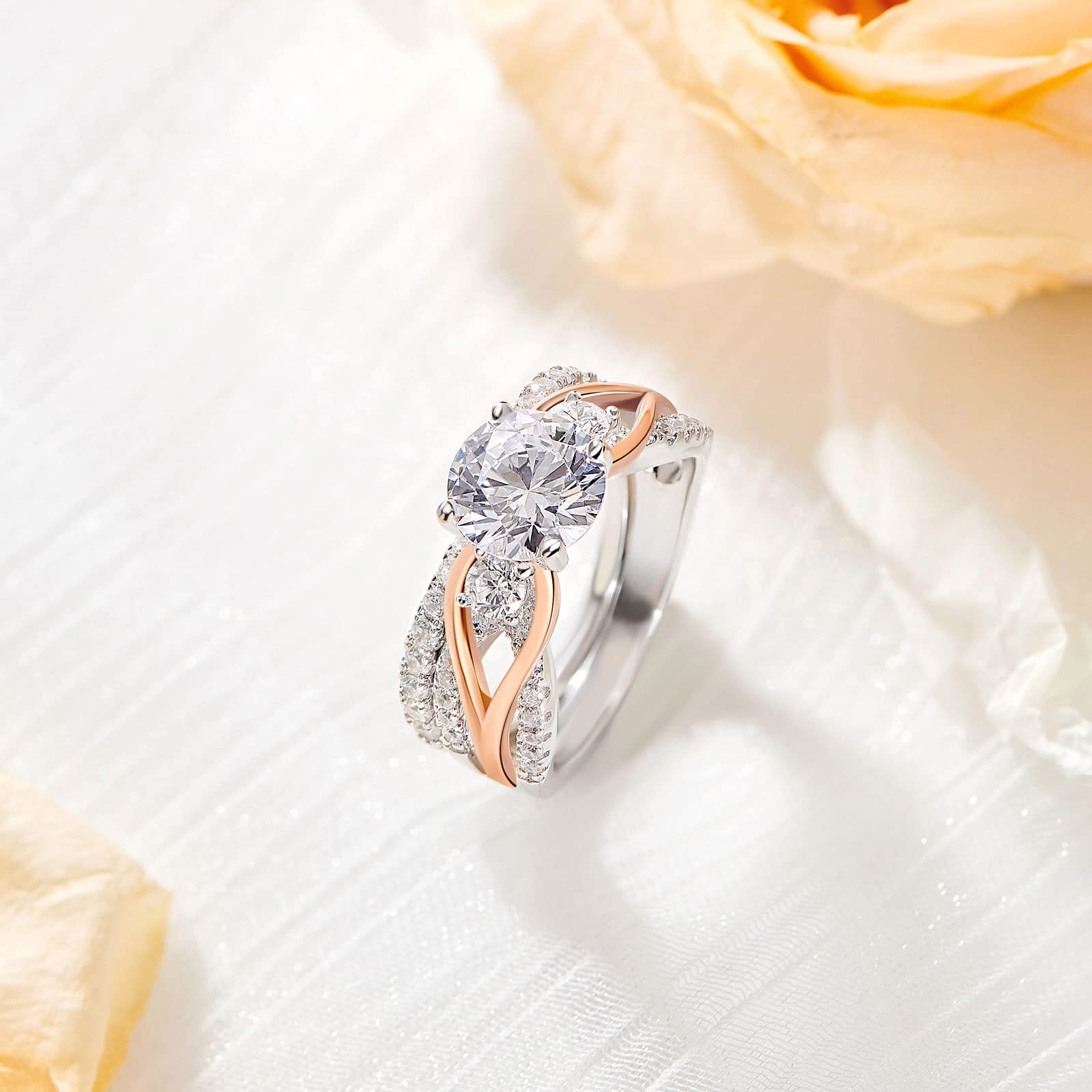 SHELOVES Rose Gold Three Stone Round Cut CZ Engagement Wedding Rings Set 925 Sterling Silver Sz 7