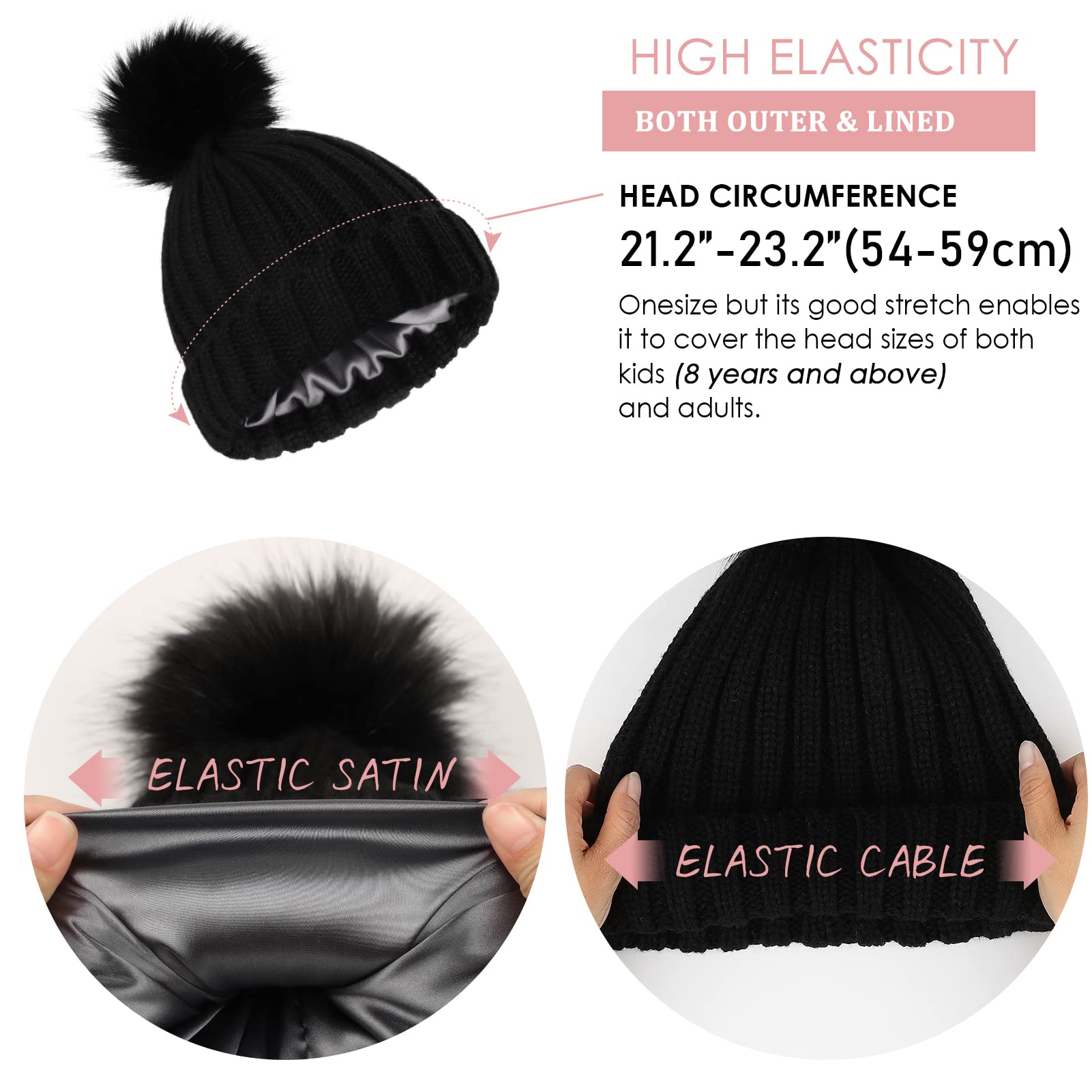 SHINCHIC Womens Winter Satin Lined Beanie Hat Cuffed Faux Fur Pom Hat Knitted Warm Soft Skull Cap Black