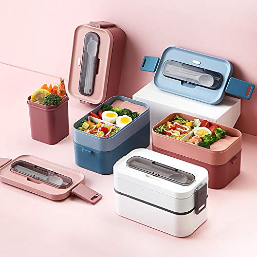 YFBXG Bento Box For Adults,Stackable Bento Lunch Container With Divider,Microwave Safe Leakproof Salad Lunch Container With Utensils & Lunch Bag (White)