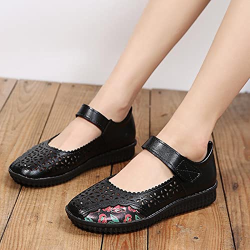 Women's Fashion Soft Beef Tendon Soft Bottom Flat Heel Hook Loop Single Shoes Round Toe Four Seasons Slip Wedge Sandal Black