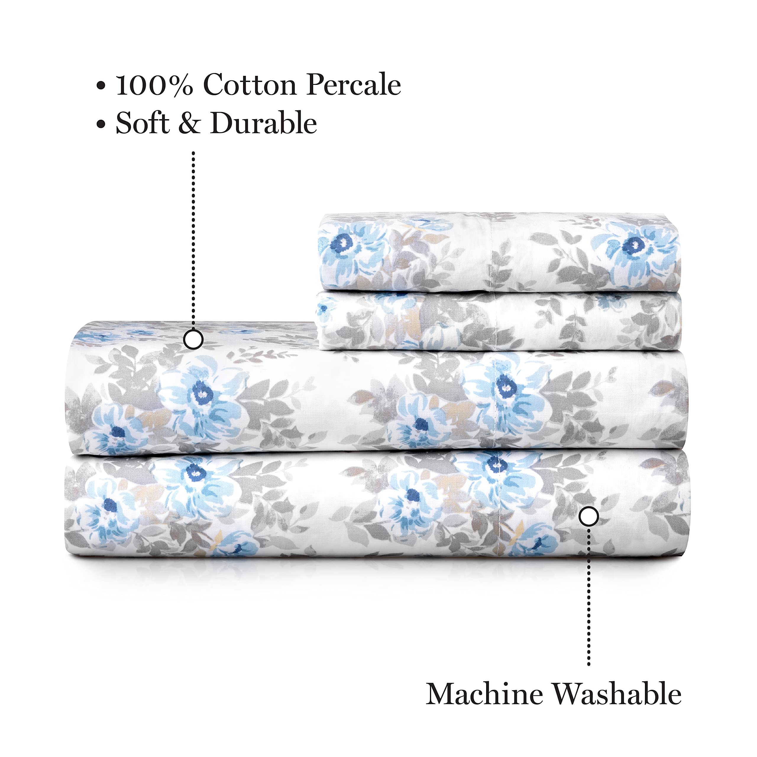 MARTHA STEWART Lynn Floral Full Size Sheet Set - 4 Piece, 100% Cotton, 300 Thread-Count, Wrinkle Resist, Soft, Deep Pocket, 1 Flat, 1 Fitted, 2 Pillowcases, Blue