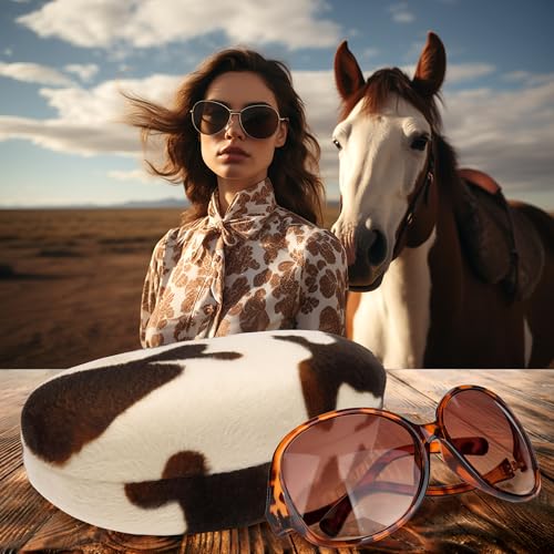 MyEyeglassCase - Chic Pony Animal Print Hard Shell Sunglass Case for Curved Frames with Microfiber Pouch & Cleaning Cloth - Large to Extra Large Eyeglass Case for Men and Women (AS413 Pony Brown)