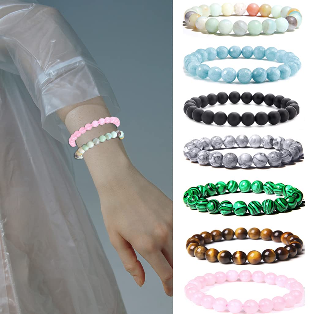 SAMOCO 12Pcs 8MM Semi Precious Gemstone Bracelets for Women Energy Healing Stone Beaded Bracelets Statement Crystal Bracelet Charm Bracelets Adjustable