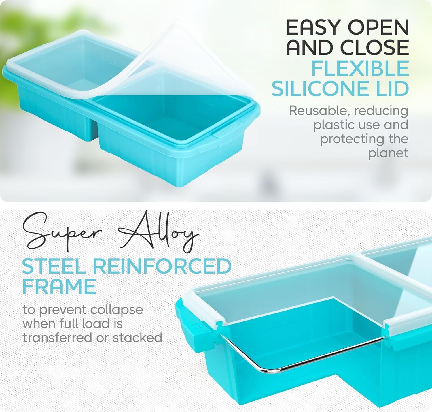 XOMOO Silicone Freezer Tray With Lid-Soup Freezer Container molds-2-cup Extra Large Ice Cube Tray-makes 4 perfect 500ml portions cubes, For freezing soup,stews,sauces.Oven&Dishwasher-Safe(2-Pack)