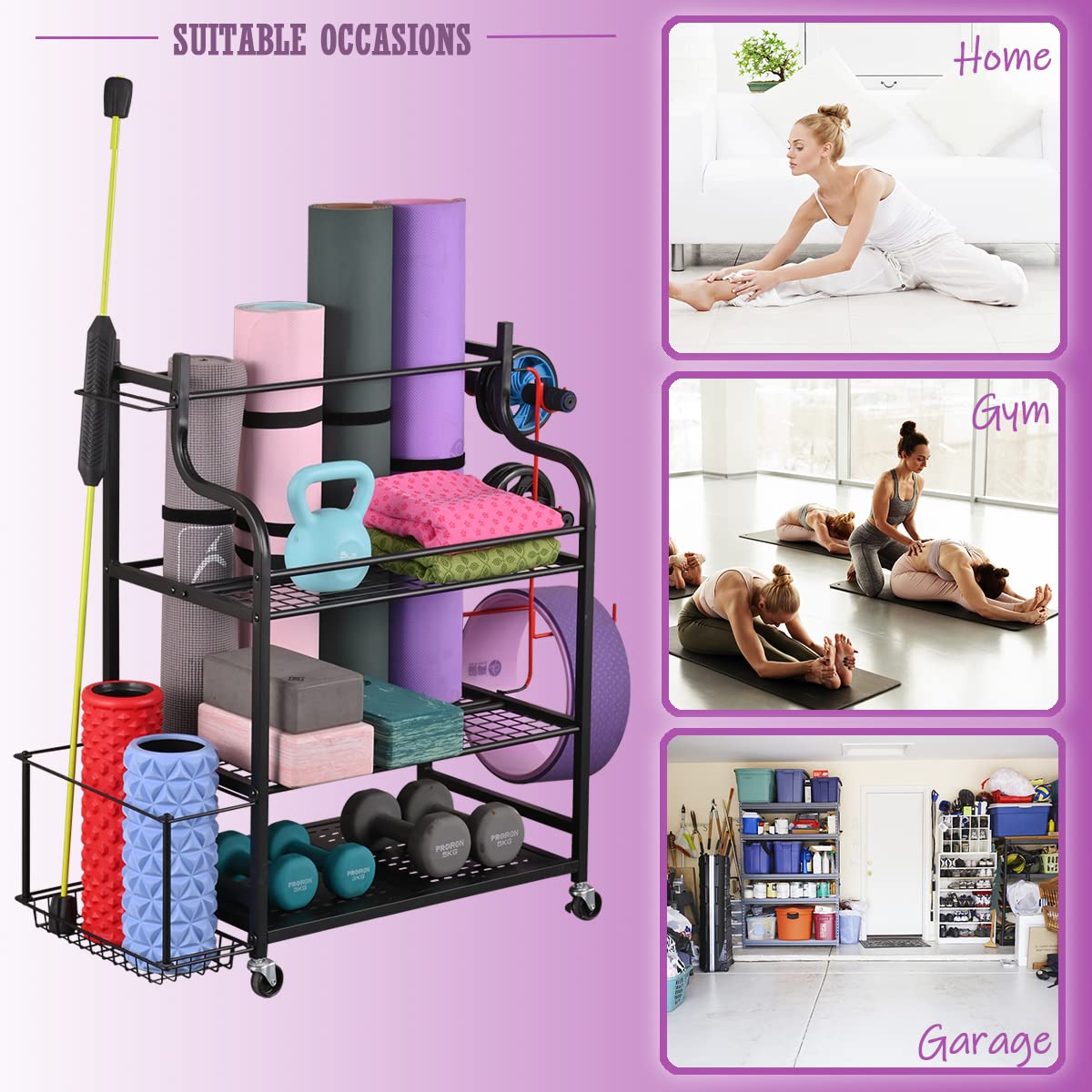 SNAIL Yoga Mat Storage Racks Home Gym Studio Storage Organizer for Dumbbells Kettlebells Foam Roller Yoga Strap and Resistance Bands Large Workout Equipment Storage Rolling Cart With Hooks and Wheels