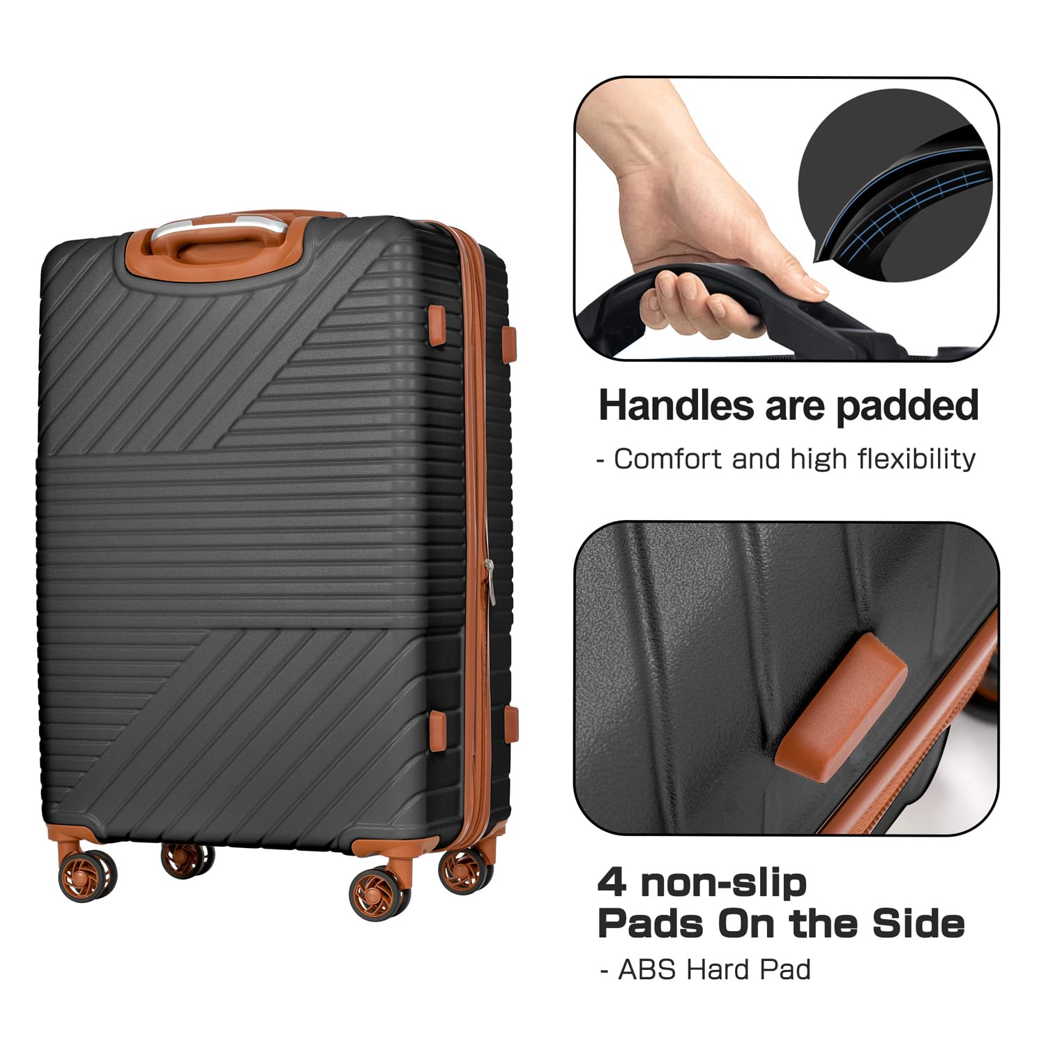 Merax Luggage Sets 3 Piece Suitcases Set ABS Expandable 8 Wheels Spinner Suitcase, TSA Lock Travel Luggage For Man And Women (Black Brown)