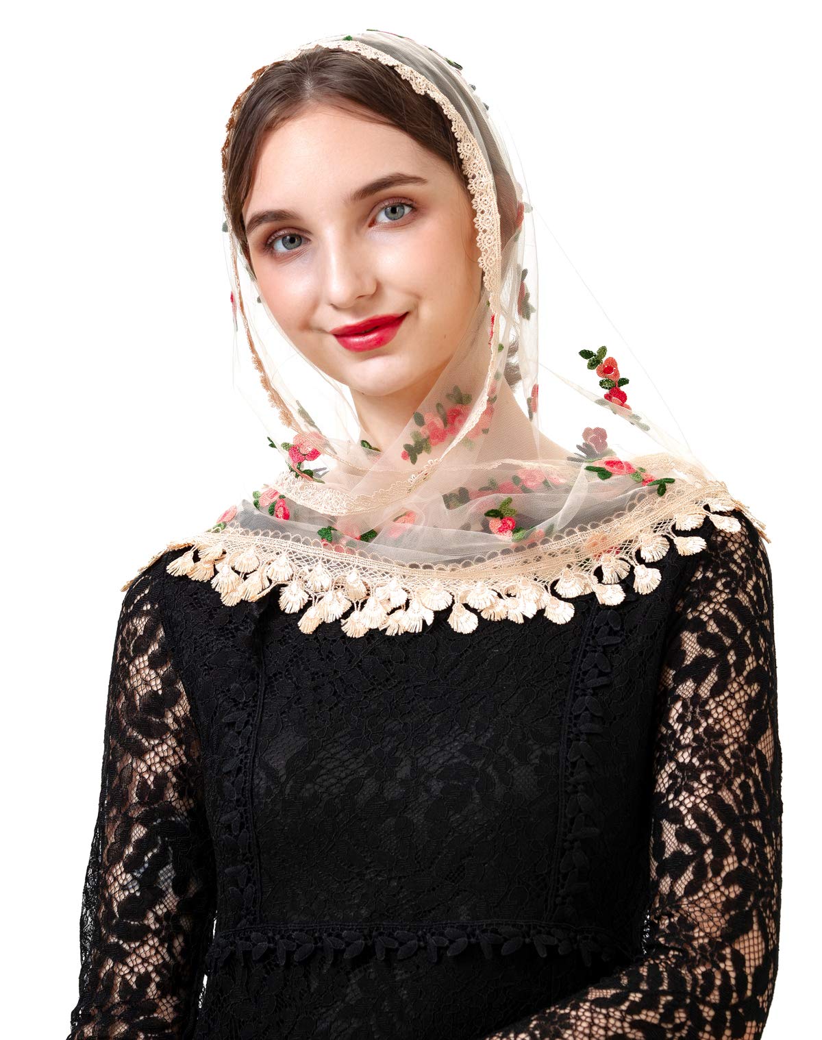 PAMOR Triangle Little Flower Chapel Veils Embroidered Scarf Shawl Latin Mass Head Covering Mantilla Veil for Church (Champagne Rose)