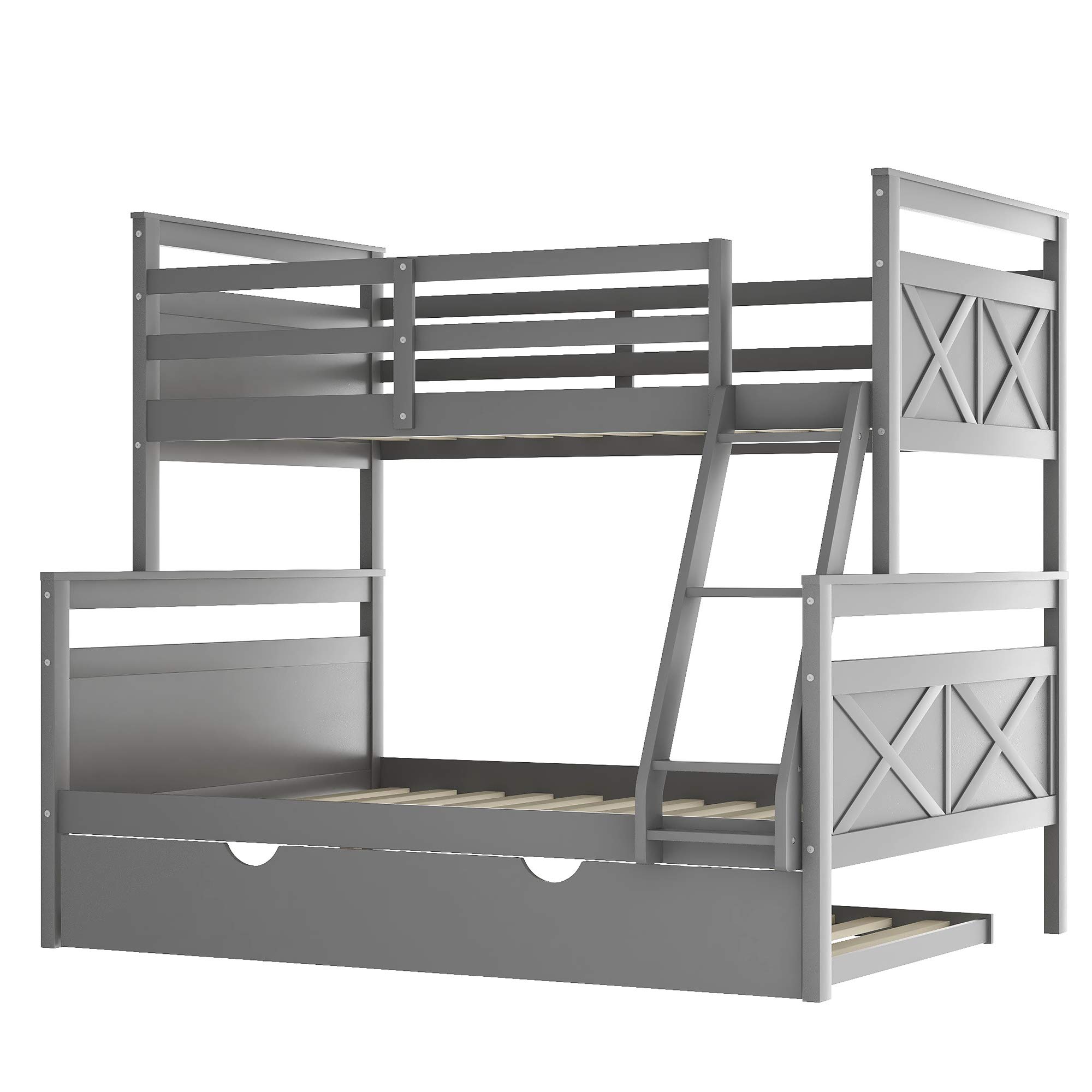 Merax Twin over Full Wood Bunk Bed with Trundle and Safety Guardrail for Teens, Guests,No Box Spring Needed, Gray