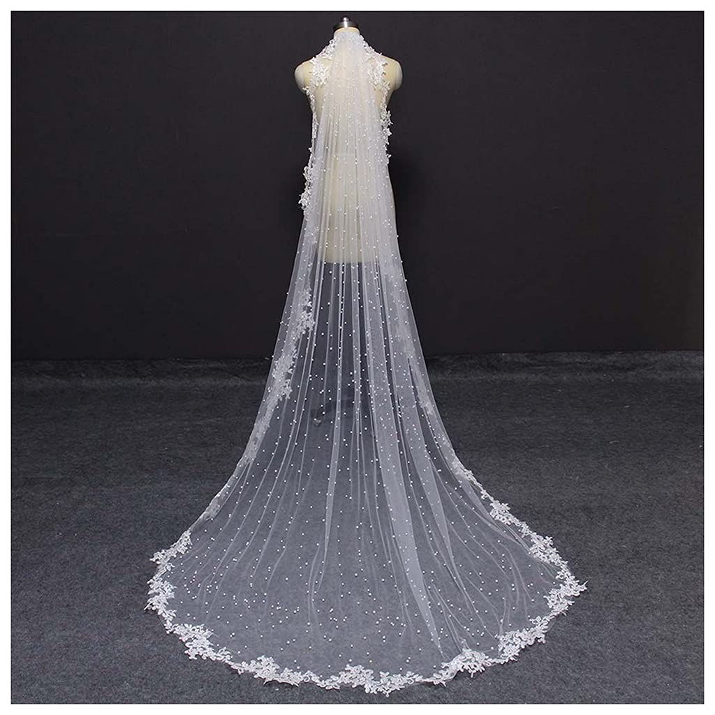 Ts Pearls Wedding Veil, with Lace Appliques Edge 2.5 Meters Long Bridal Veil, with Comb 250CM Veil for Bride (Color : White, Item Length : 250cm)