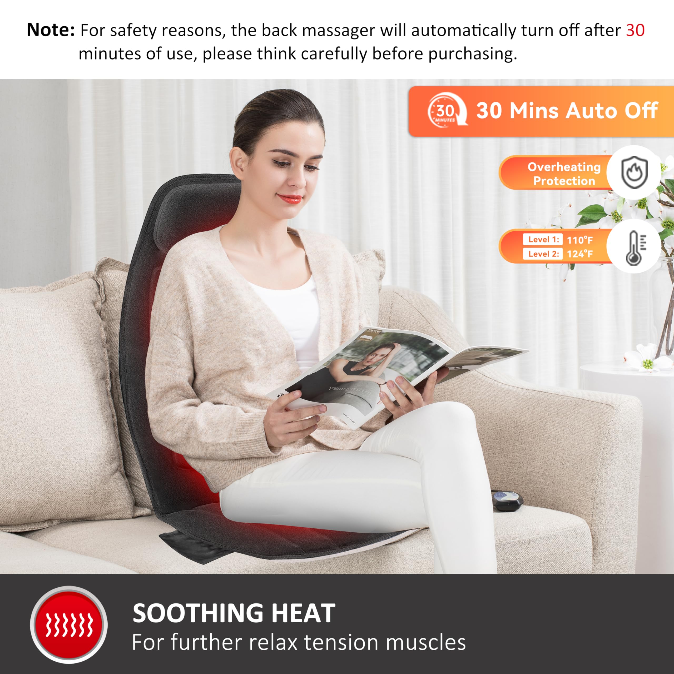 Snailax Massage Cushion with Heat - Memory Foam Neck and Lumbar Support, 10 Vibration Motors for Back and Chair