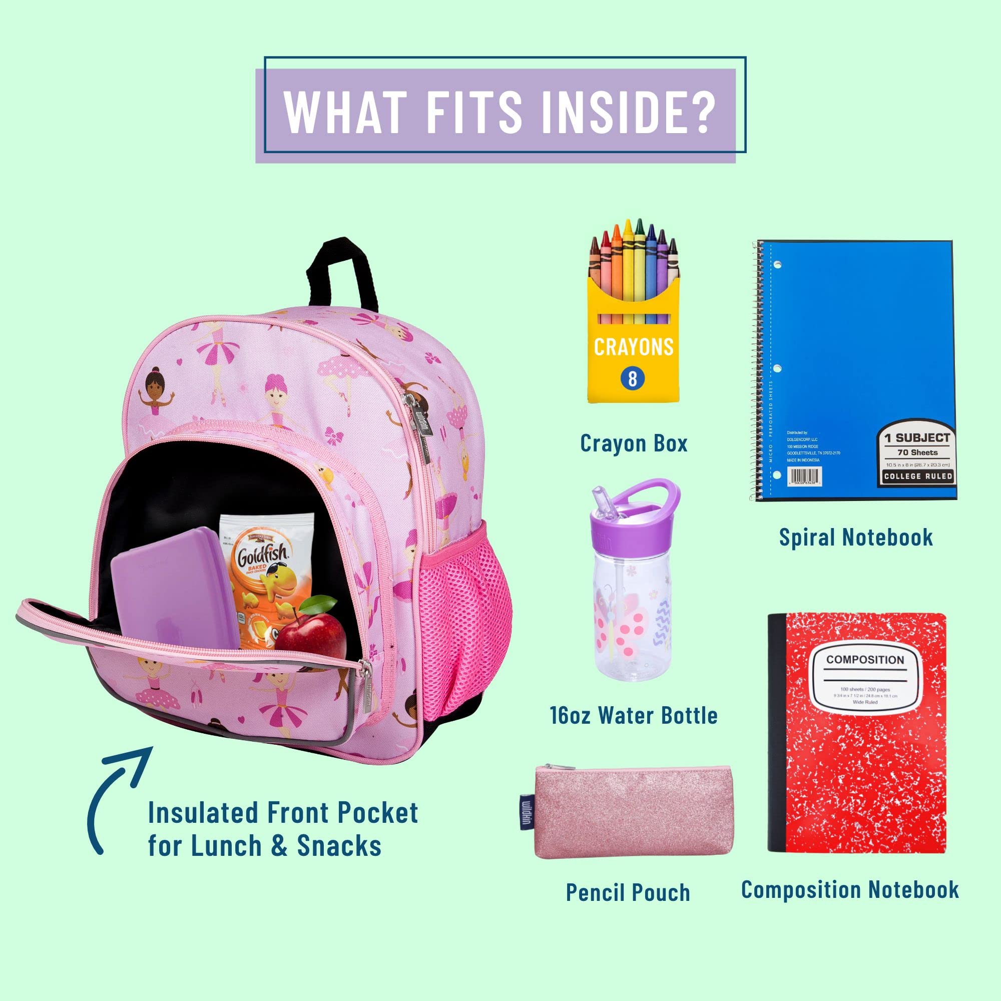 Wildkin 12 Inch Backpack and Lunch Box Bag Bundle with 16 Ounce Reusable Water Bottle (Ballerina)