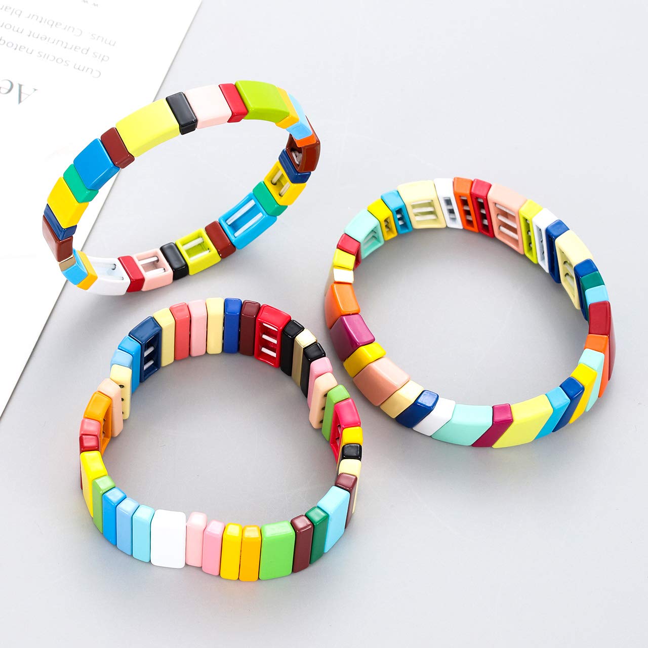 NVENF Tile Bracelets Enamel Rainbow Tile Bead Bracelets Colorblock Stackable Stretch Bracelets Bohemia Tile Strand Bangle Bracelet Set for Women Men