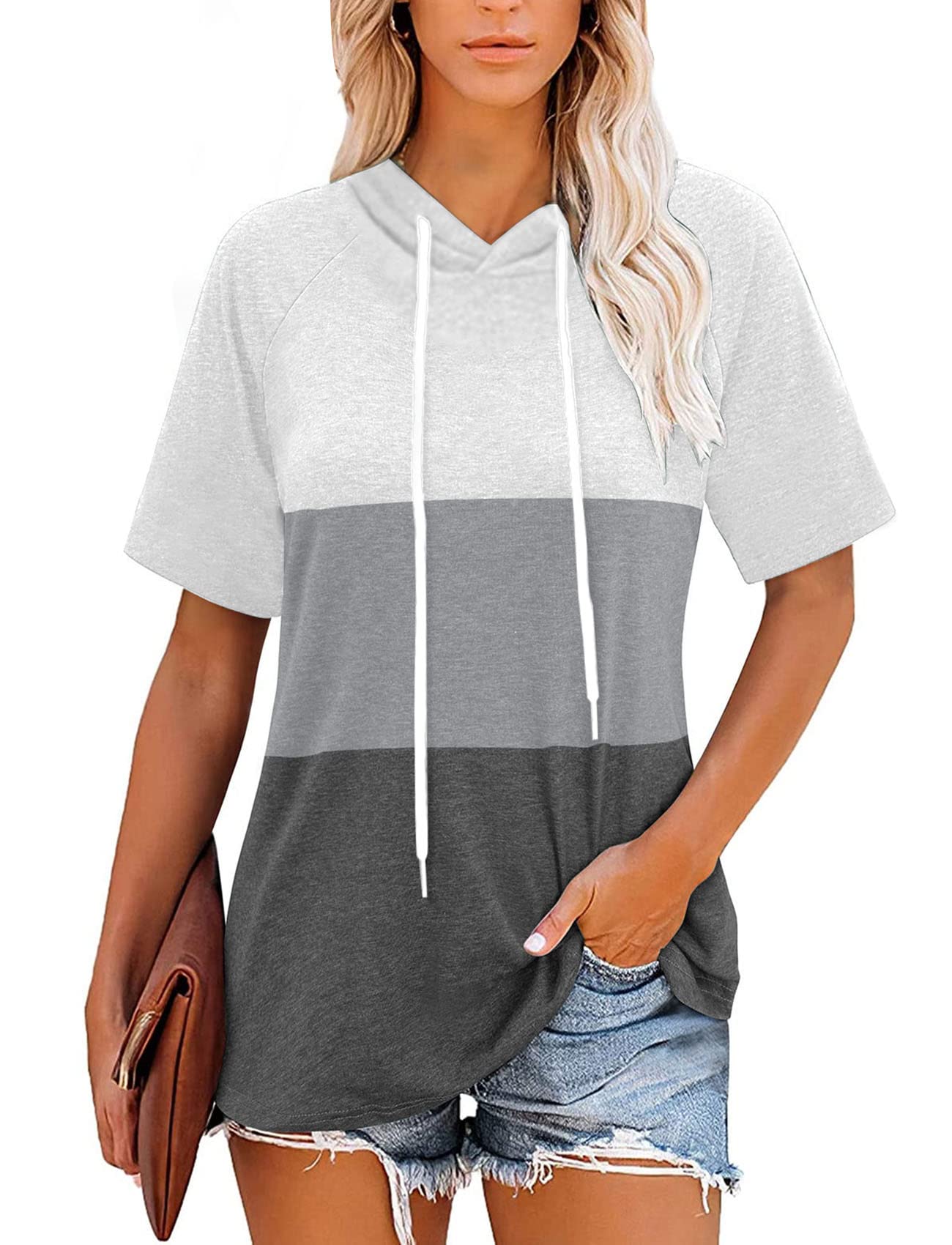 Minetom Women's T Shirts Color Block Tops Short Sleeve Hoodies Summer Casual Tees