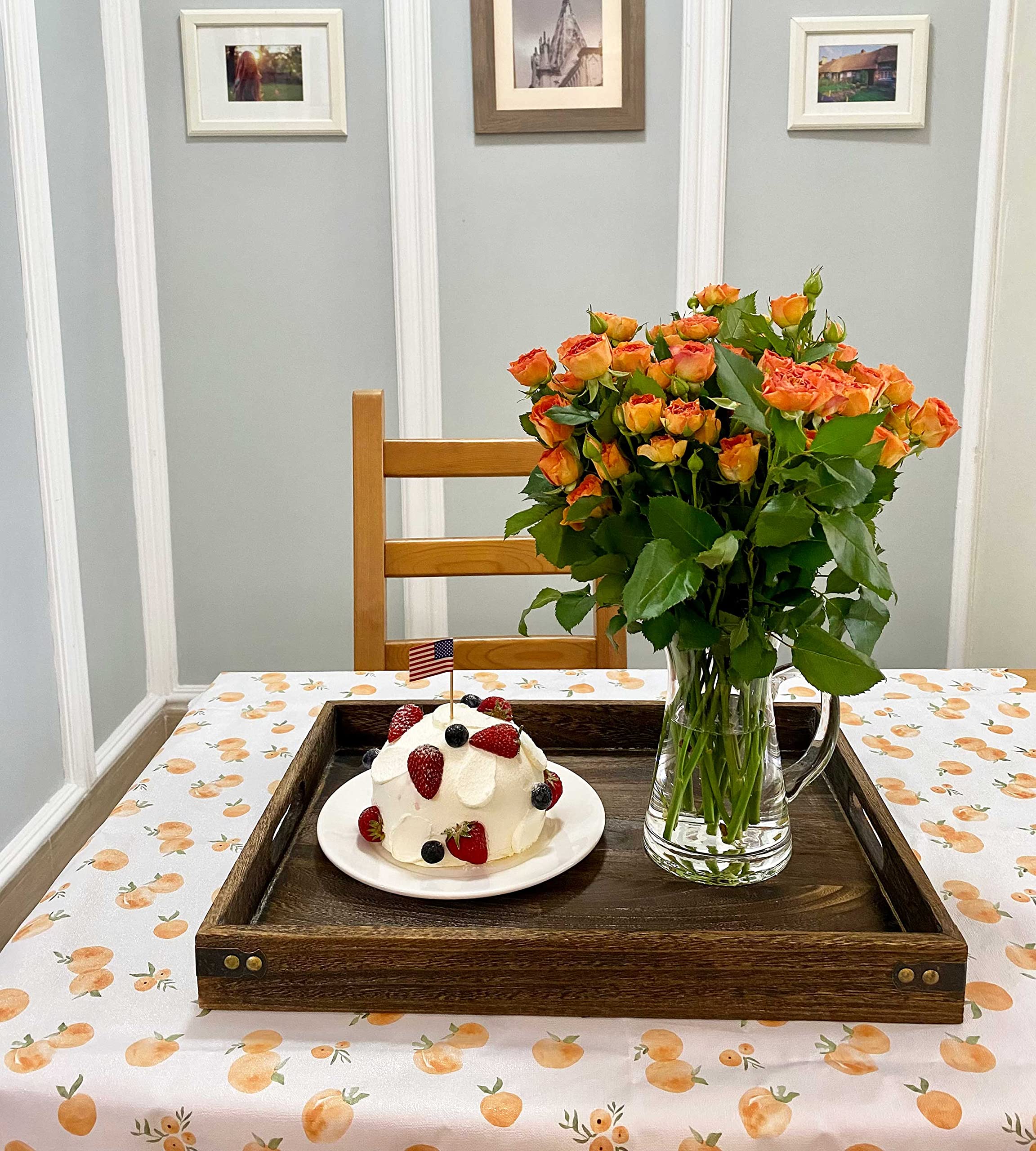 Sufandly Large Wooden Serving Tray with Handles, Rectangle Breakfast Tray 15.7 x 11.8 Inch Wood Colorā¦