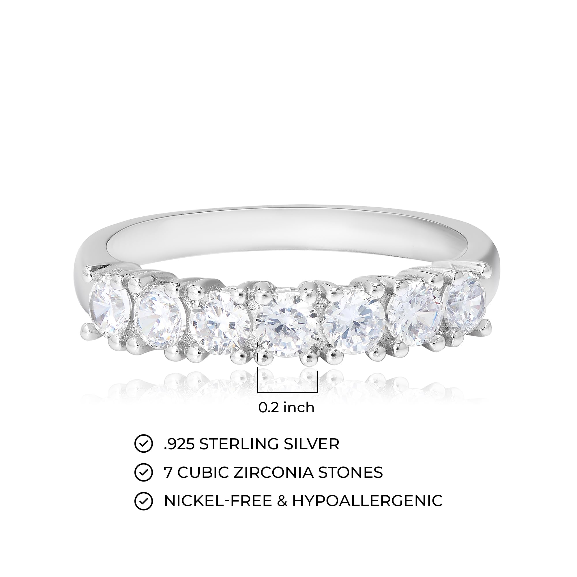 MORGAN & PAIGE 925 Sterling Silver Ring for Women with Round Cubic Zirconia Stones, Platinum/Yellow Gold/ Rose Gold Plated 7 Stone Prong Setting, Stackable Round Engagement Ring, Jewelry for Wedding, Anniversary, Birthday