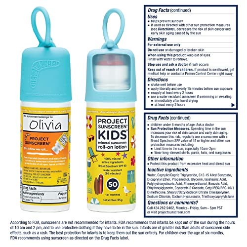 Project Sunscreen Roll-On SPF 50 Sun Protection for Kids - Natural Mineral Based and Water Resistant Formula For Sensitive Skin - 3 Ounce, All Fun & Games - Blue