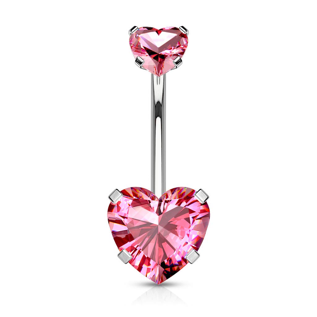 Pierced Owl 14GA Stainless Steel Internally Threaded Double Heart CZ Crystal Prong Set Belly Button Ring (Silver Tone/Pink)