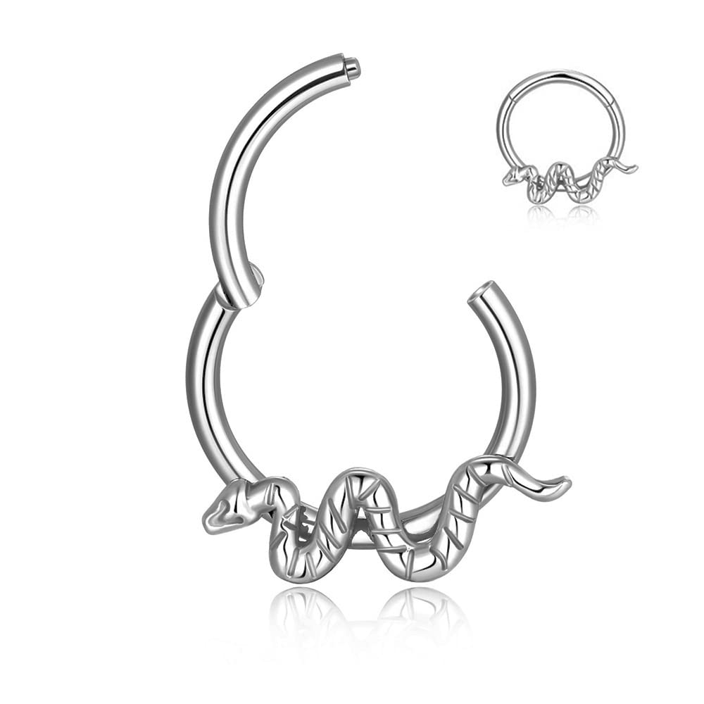 Snake Nose Ring 16G Septum Rings Clicker Stainless Steel Daith Cartilage Rook Tragus Sleeper Tiny Small Hoop Earrings Cute Segment Ring Hinged Helix Mini Conch Huggie Hoops Punk Personalized Animal Piercing Body Jewelry Gifts 1 Pc (gold 8mm)
