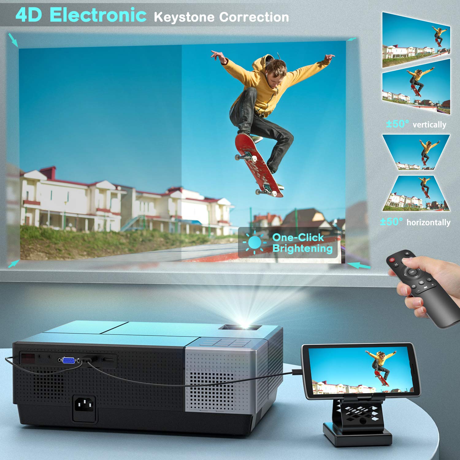 Projector, BOSNAS 8000 Lux Home Video Projectors, 1920×1080P, Support 300" Screen Playing with Hi-Fi Speakers and 4-D Keystone Correction, Compatible with TV Stick/Phone/Laptop/DVD Player/PS4