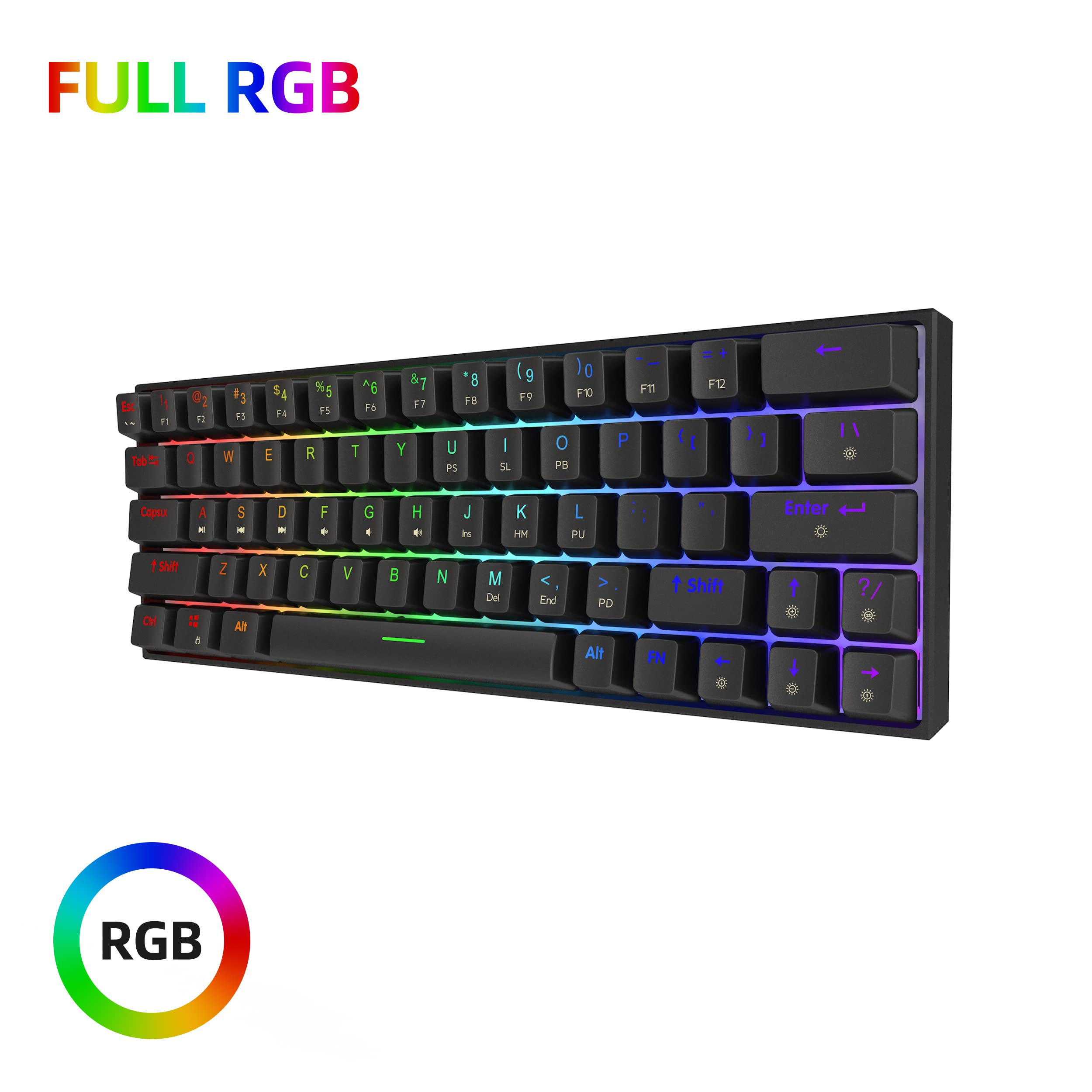 Ractous RTK63P 60% Mechanical Gaming Keyboard RGB Backlit PBT keycaps 63key Ultra-Compact Wired Keyboard Programmable for PC/Mac Gamers,Hot-Swappable Optical Red Switch (Black)