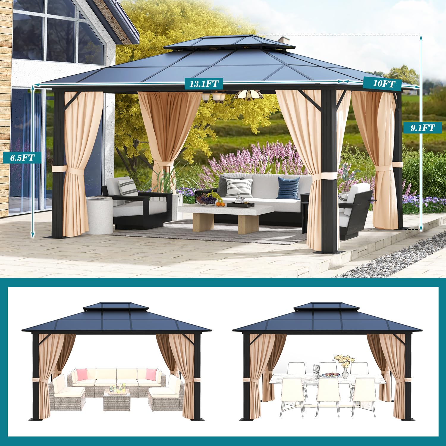 oneinmil 10x13FT Outdoor Polycarbonate Gazebo, Heavy Duty Double Roof Hardtop Gazebo with Aluminum Frame and Netting and Curtains for Patios