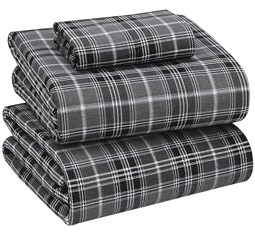 RUVANTI Flannel Sheets Twin Size - 100% Cotton Brushed Flannel Bed Sheet Sets - Deep Pockets 16 Inches (fits up to 18") - All Seasons Breathable & Super Soft - Warm & Cozy - 3 Pcs - Grey Plaid