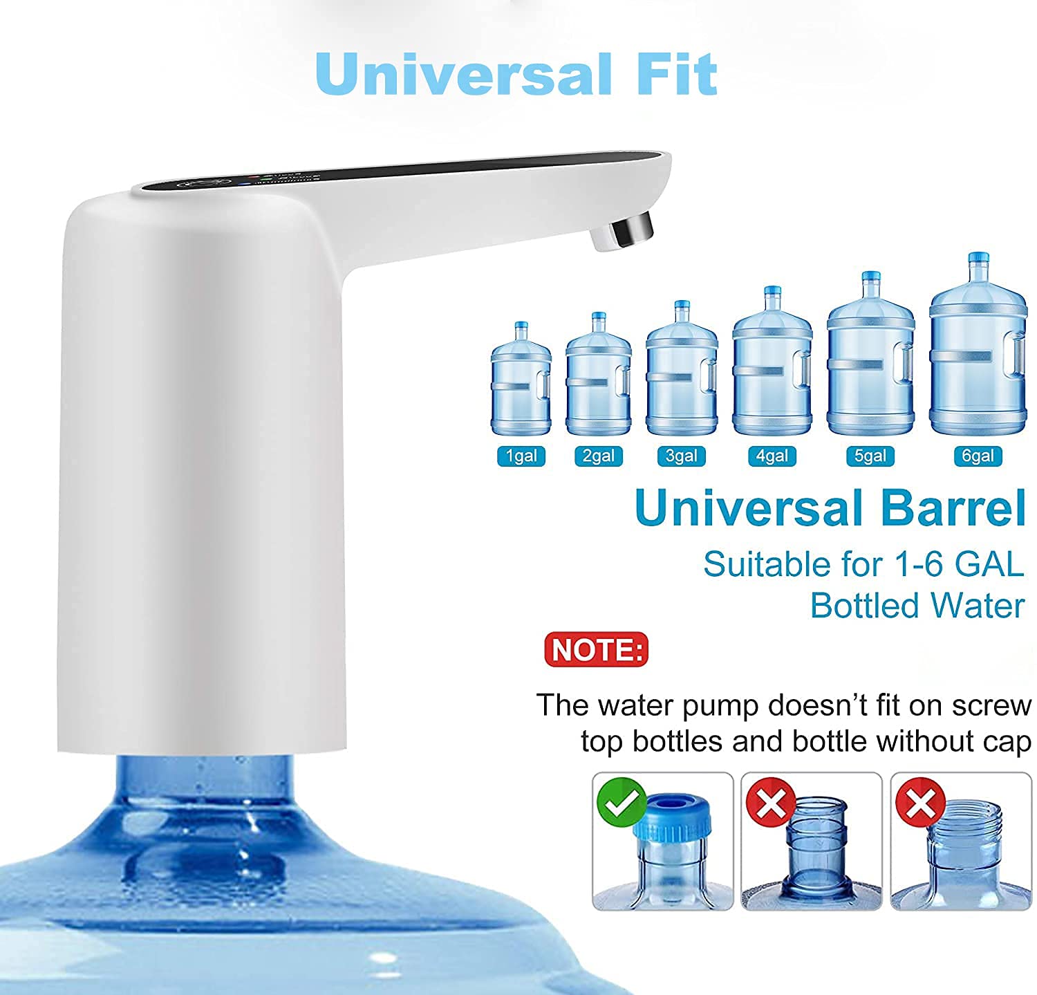 Vshinic Water Bottle Dispenser, Water Bottle Pump for 5 Gallon Bottle with TDS Water Quality Tester, USB Charging Automatic Drinking Water Jug Pump for Home,Office, Camping ect (White)