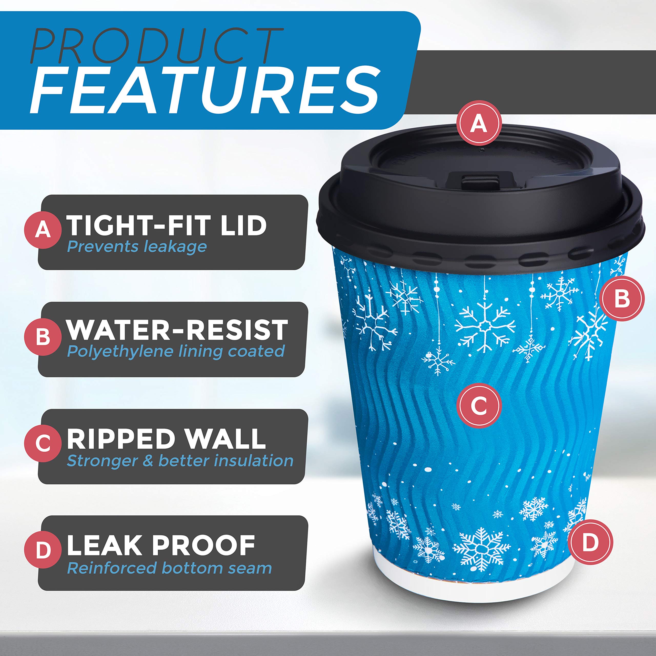 Nobleroyalcity-(NRC) Disposable Coffee Cups with Lids 12 oz - Extra Thick Insulated Disposable Coffee Cups - Recyclable To Go Cups for Hot/Cold Liquids with Leak-Proof Lids and Corrugated - 50 Sets