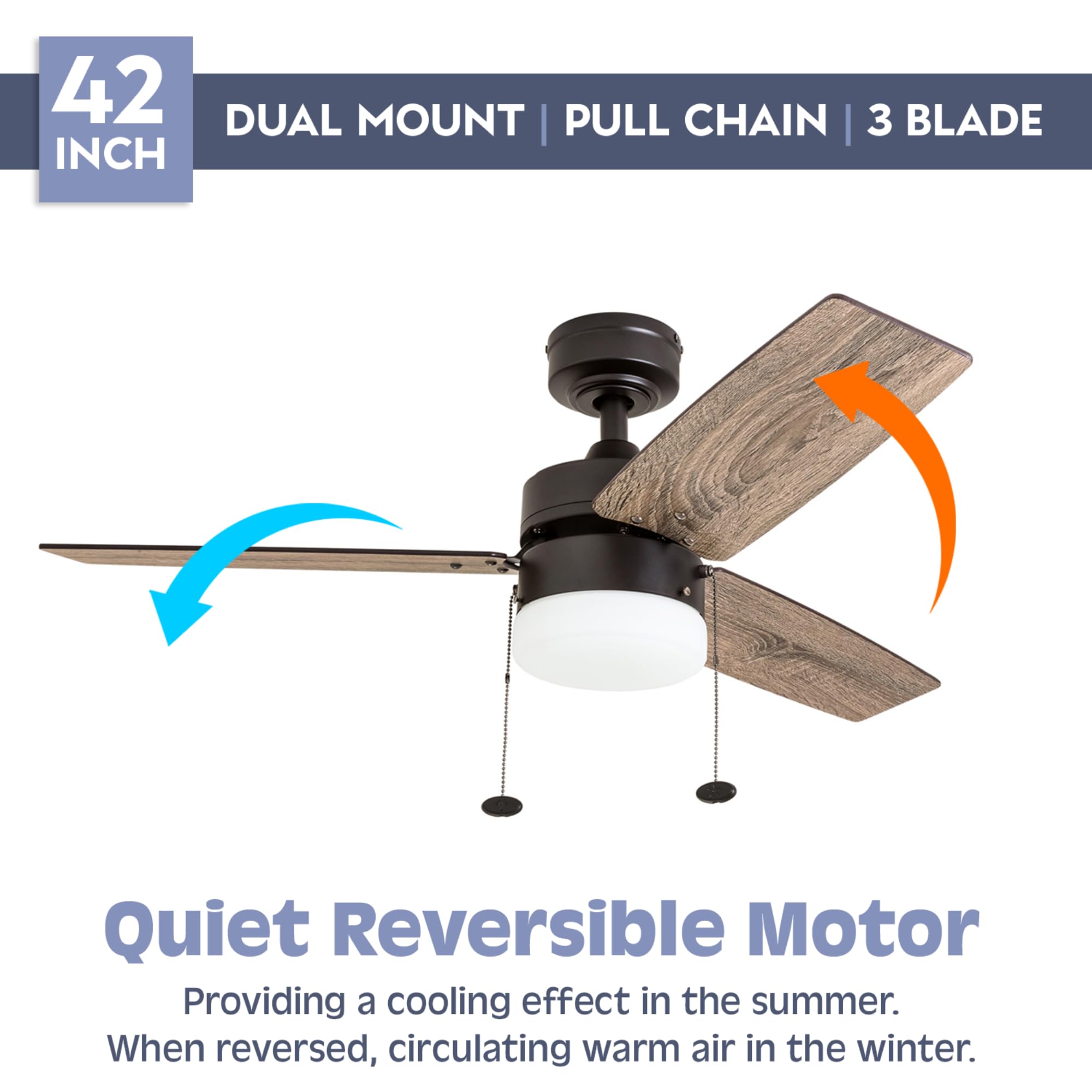 Prominence Home Reston, 42 Inch Modern Farmhouse LED Ceiling Fan with Light, Pull Chain, Dual Mounting Options, Dual Finish Blades, Reversible Motor - 51015-01 (Bronze)