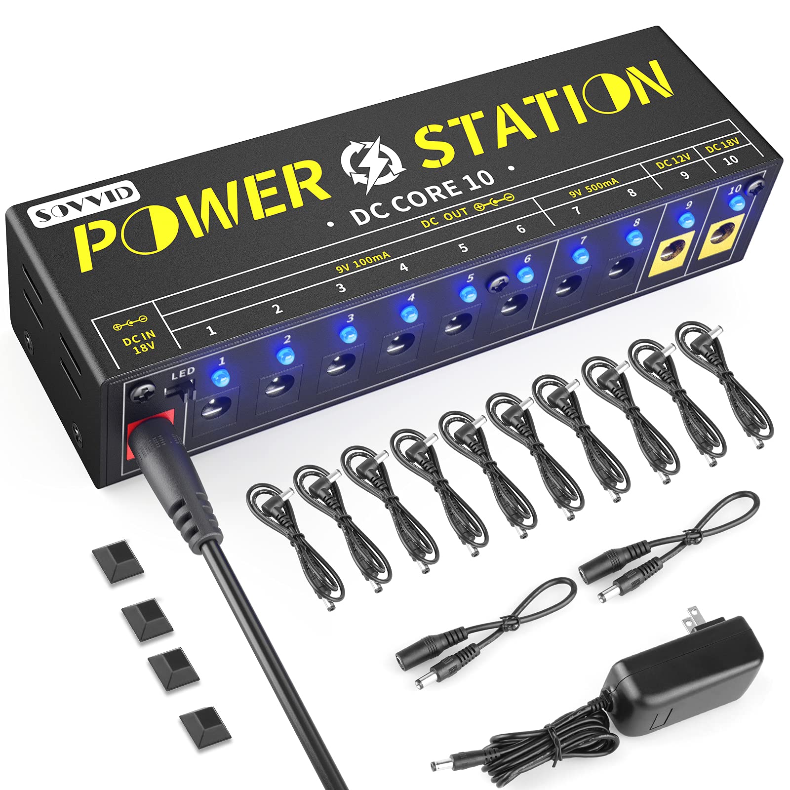 Sovvid Guitar Pedal Power Supply - 10 Isolated DC Output for 9V/12V/18V 100mA 500mA Effect Pedal Board Power Supply with Smart Short Circuit and Overcurrent Protection1