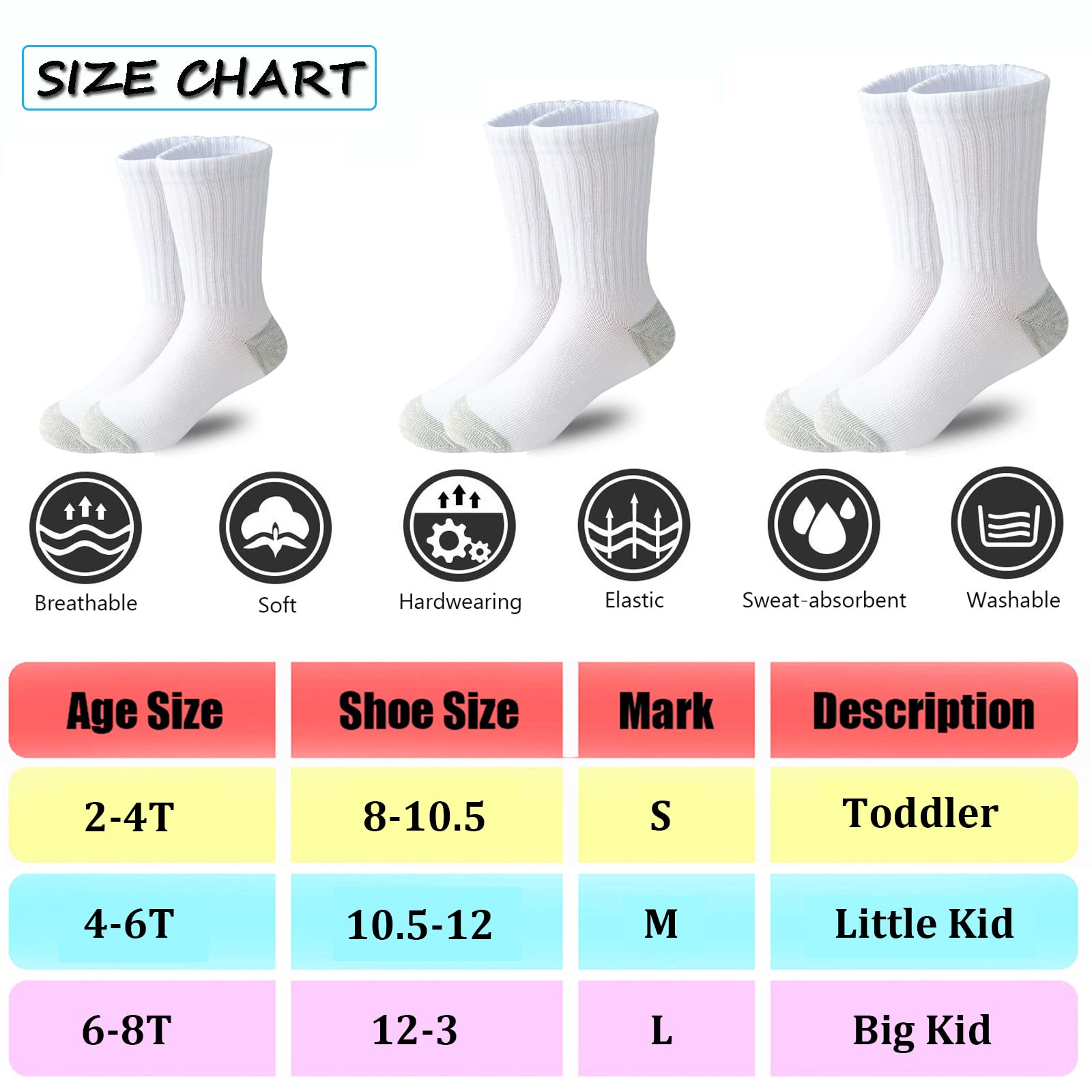 Tsmollyu Boys Crew Socks 12 Pairs Cushioned Cotton Athletic Socks for Big Little Kids 2-8 Years(6-8 Years)