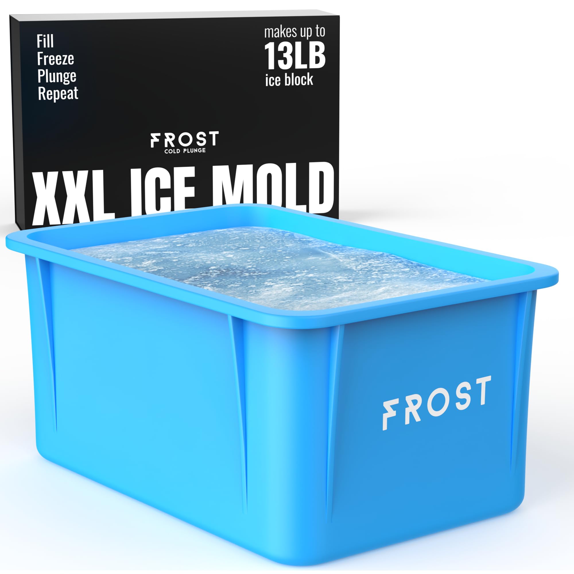 XXL Ice Block Mold with Reinforced Steel Rim - Makes 13lb Ice Blocks for Cold Plunges - Ice Baths at Home - Heavy Duty Extra Thick Extra Large Rectangle - Icy Blue - by FROST TUB