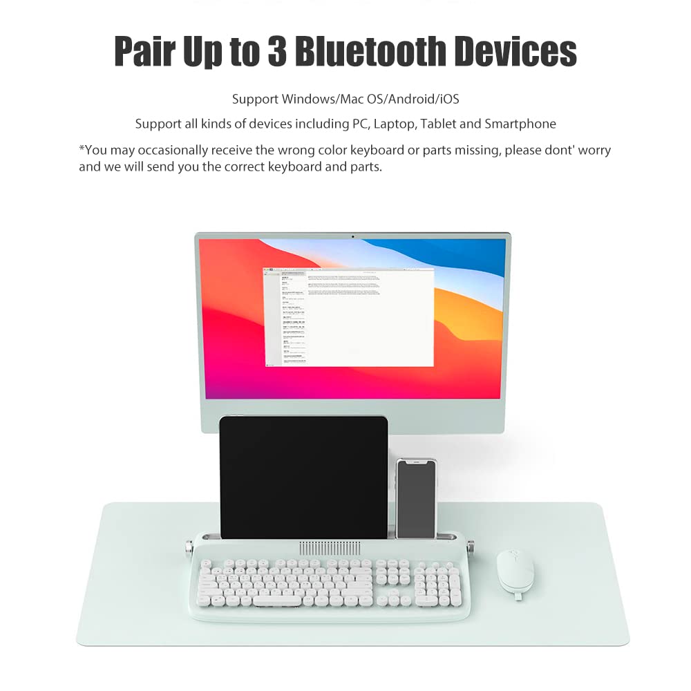 TISHLED Typewriter Keyboard Wireless Bluetooth 5.0 Retro Aesthetic Cute Kawaii Round Keycaps 106-Key with Num Pad Clicky Mechanical Feeling with Phone Holder for Windows/Mac OS/Android/iOS (Mint)