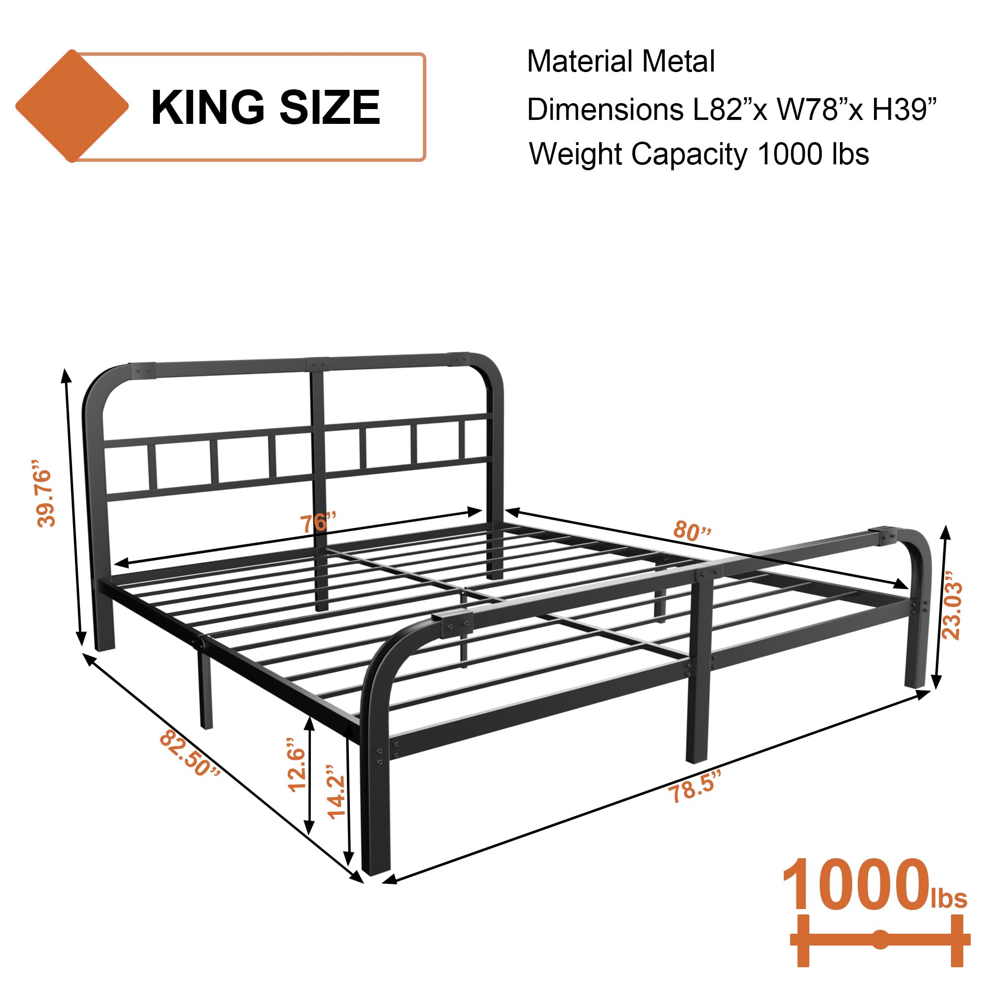 ONEMO 14 Inch King Bed Frame with Headboard and Footboard Metal Platform Bed Frames Heavy Duty Mattress Foundation Quiet and Anti-Slip No Box Spring Needed Black