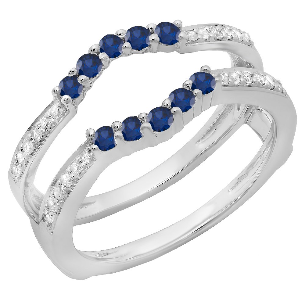 SVC-JEWELS Round Cut Blue Sapphire & Dia 10K White Gold Sterling Silver Enhancer Double Guard Ring For Women's (7.5)