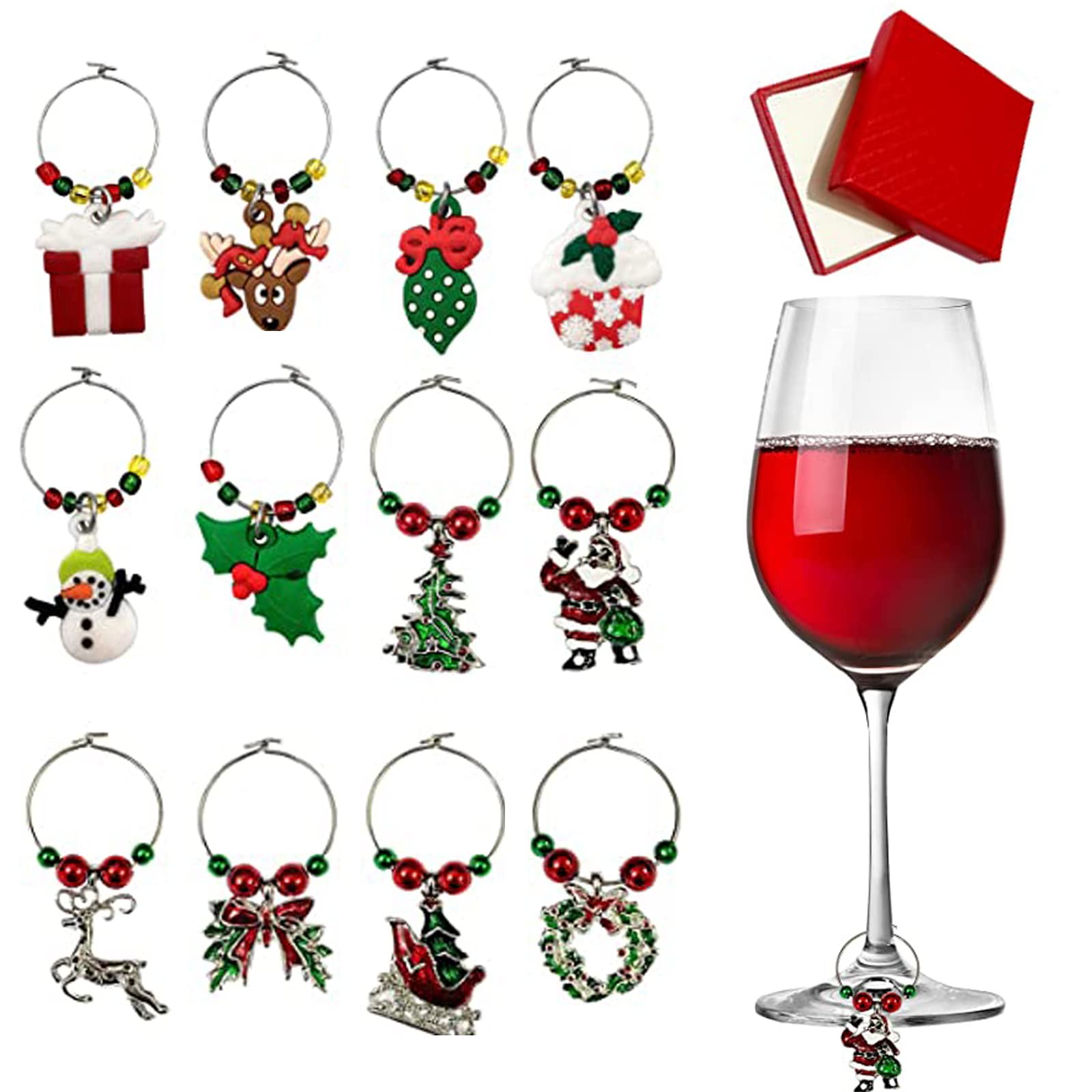 SANHE Christmas Wine Glass Charms Tags, Wine Drinker Gifts, Champagne Cocktail Drink Markers set of 12 in gift box