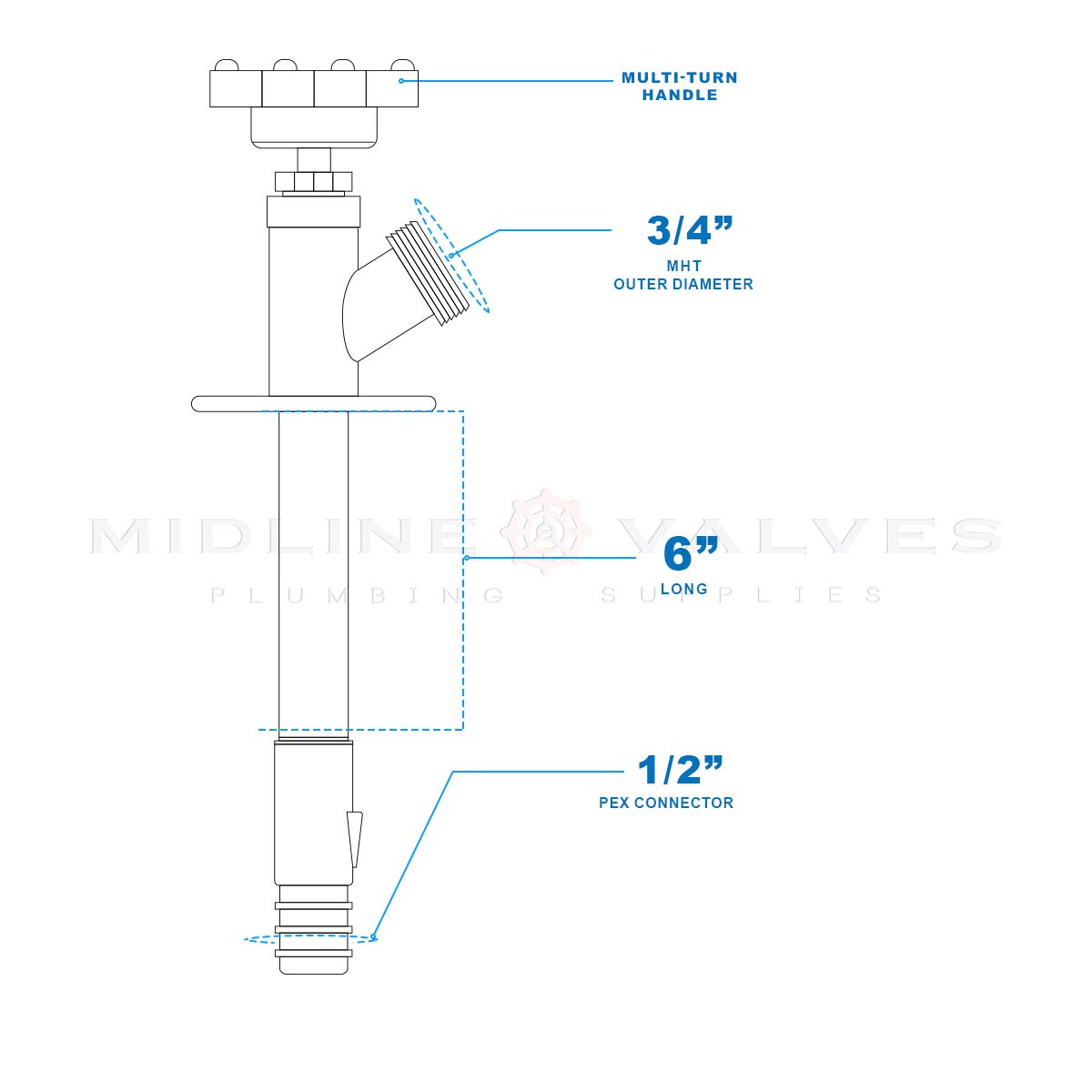 Midline Valve 8428P Sillcock Pipe Chrome Plated Brass Body Frost 1/2 inch PEX Connection and 3/4 inch Hose Bib, 6