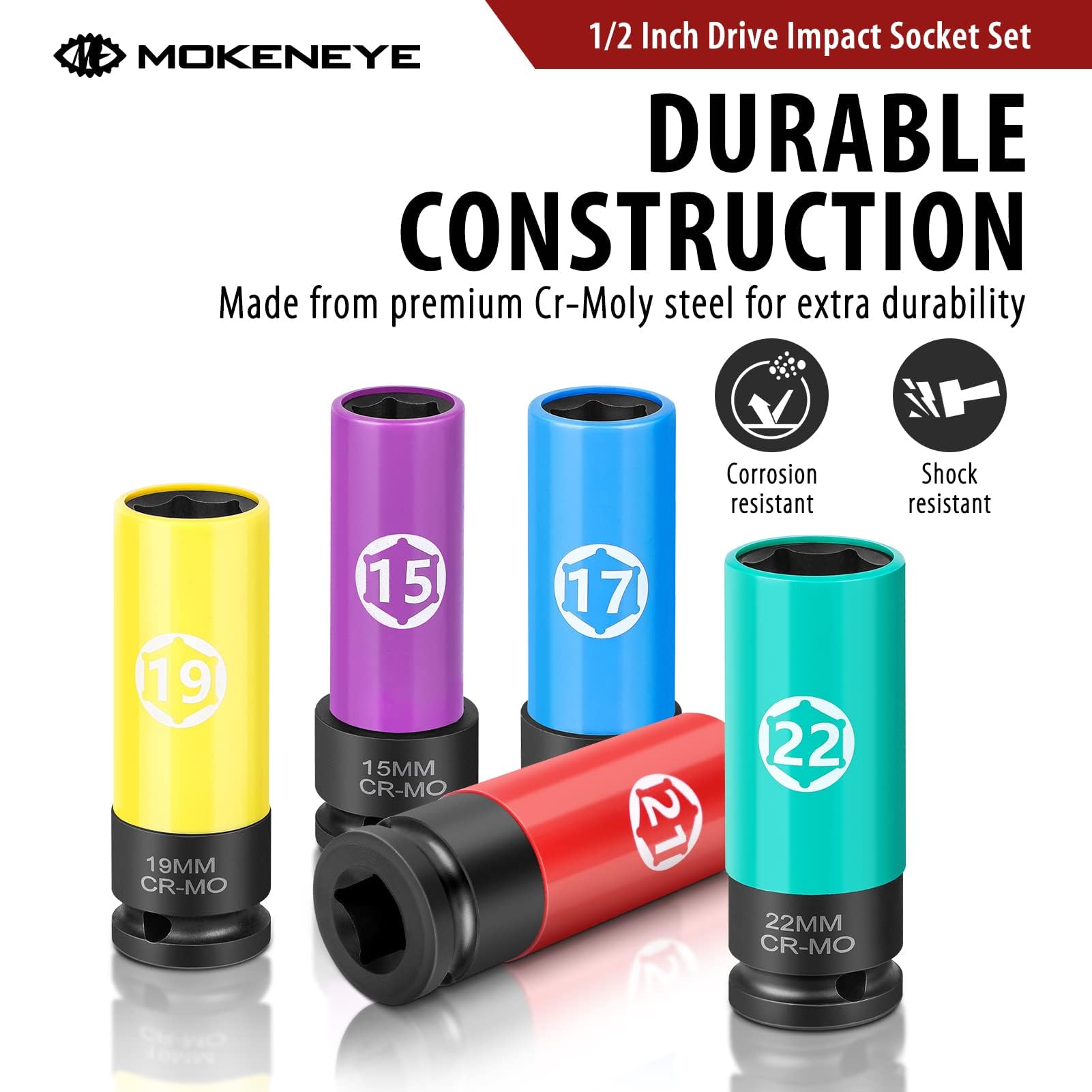 M MOKENEYE Robust 1/2" 5-Piece Impact Socket Set | Quick ID | Lug Nut Protector | CR-MO | 15-22mm Metric | Anti-Rust | Deep Features | For Impact Wrenches