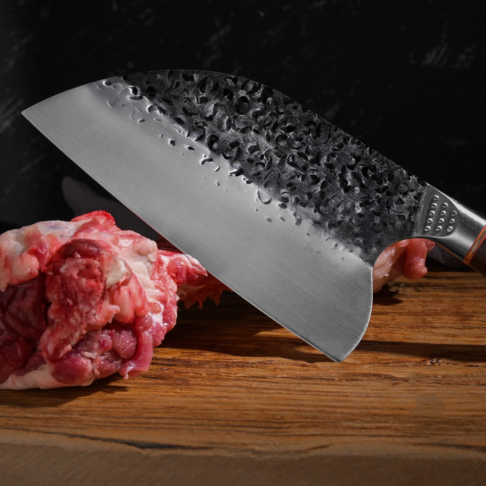 Promithi Japanese High Carbon Steel Forging Handmade Kitchen Chef Knife with Sheath, Used for Cleaver Butcher Chopper Boning, Documas Plaid,Wooden Handle (brown)